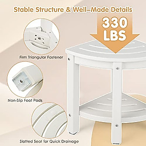 Giantex Corner Shower Stool Waterproof - HDPE Shower Bench Seat with Storage Shelf for Shaving Legs, Non-Slip Foot Pads, Plastic Spa Bath Step Foot Rest for Bathroom Small Place (Creamy White)