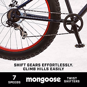 Mongoose Dolomite Mens and Womens Fat Tire Mountain Bike, 26-inch Wheels, 4-Inch Wide Knobby Tires, 7-Speed, Adult Steel Frame, Front and Rear Brakes, Navy Blue