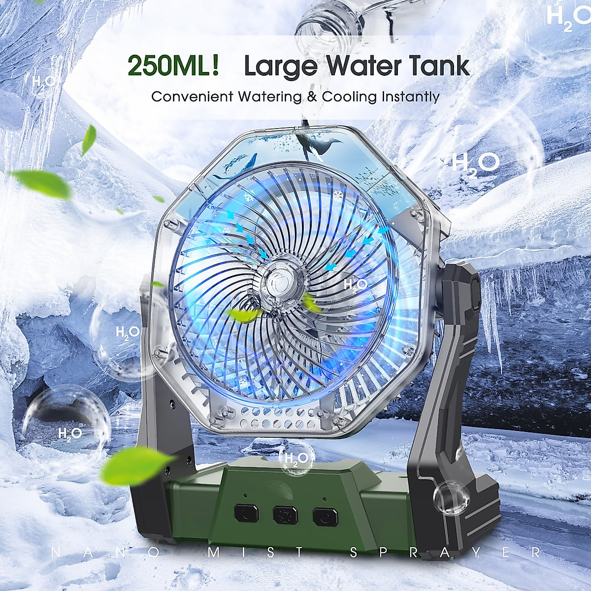 Ausic 10W Misting Solar Fan, 10000mAh Camping Fan Portable with Solar Panel & 250ml Water Tank, 8 Inch Battery Operated Rechargeable Cooling Fan with Hook, Outdoor Tent Fan for Travel