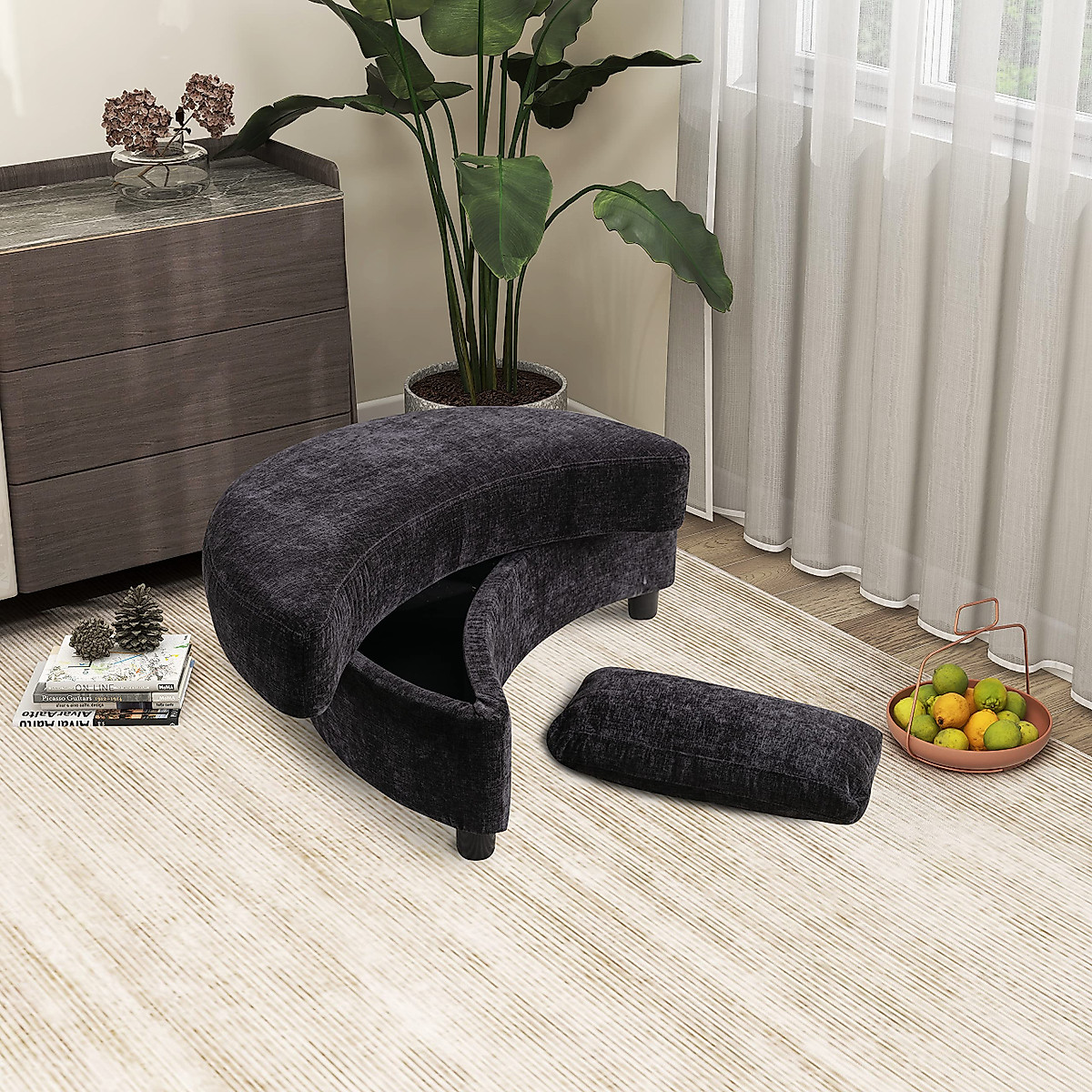 HABITRIO Storage Ottoman, Black Chenille Upholstered Half Crescent Moon Bench w/ 1 Toss Pillow, Tray Serve As Side Table, Padded Seat Dressing Shoe Bench Footrest for Living Room, Entryway, Hallway