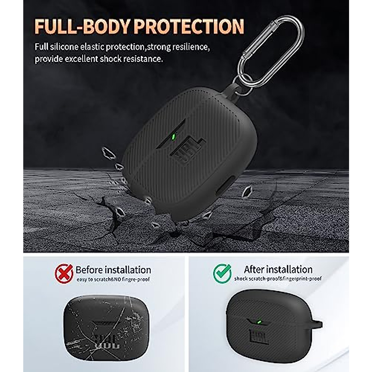 Alquar for JBL Vibe 200TWS Case Cover, Silicone Protective Portable Scratch Shock Cover Compatible with JBL Vibe Beam/JBL Vibe 200TWS True Wireless Headphones Charging Case with Carabiner(Black)