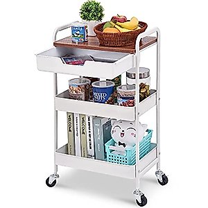 TOOLF 3-Tier Utility Rolling Cart with Wooden Board and Drawer, Metal Storage Cart with Handle, White Trolley Kitchen Organizer Rolling Desk with Locking Wheels for Office, Classroom, Home, Bedroom