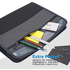 Sooez 13 Pocket Expanding File Folder with Zipper Closure, Accordion File Folder Document Organizer Expanding Zip File Folder with Sticky Labels, Letter A4 Paper Document Accordion Folder, Black