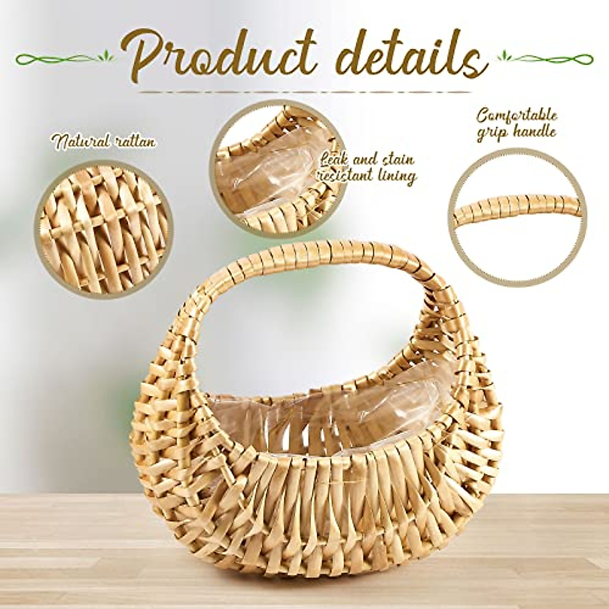 Taiyin 3 Pcs Rattan Basket Half Moon Wicker Basket Willow Straw Basket Small Woven Basket with Handle Wedding Flower Girl Baskets Sturdy Picnic Basket for Garden Storage Home Decor