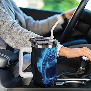 LLUTSNTH 40 Oz Vacuum Tumbler with White Handle Leakproof Insulated Tumbler 3D Print Blue Skull Stainless Steel Travel Mug with Lid And Straw Coffee Cup Cute Water Bottles Cup Holder Friendly