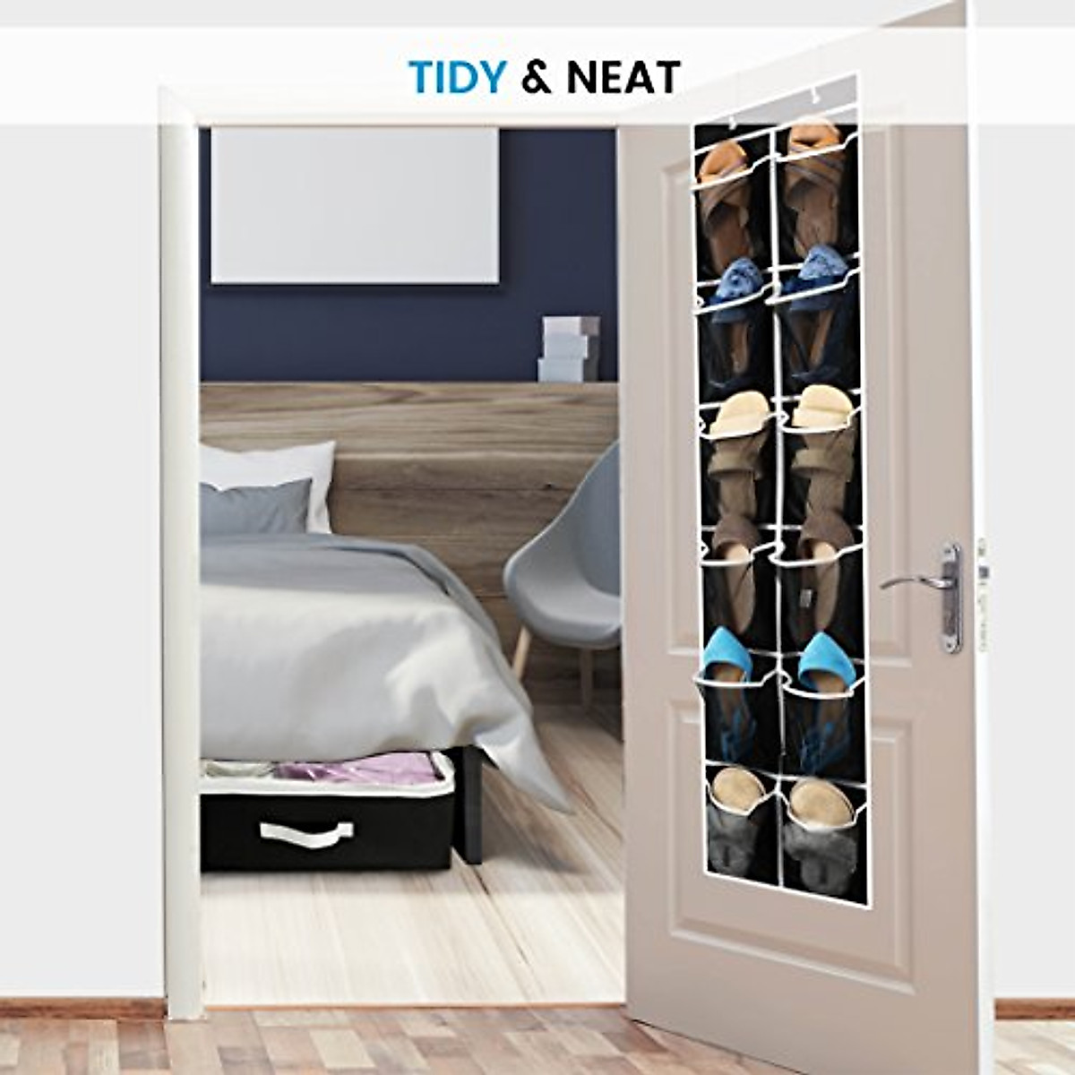 ZOBER Over the Door Shoe Organizer - 12 Mesh Pockets, Space Saving Hanging Shoe Holder for Maximizing Shoe Storage, Accessories, Toiletries, Etc. No Assembly Required, Organizer for Shoes 57½” x 12”