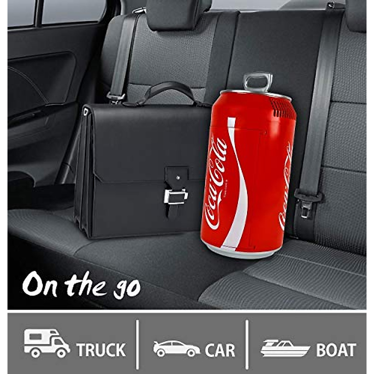 Coca-Cola 8 Can Portable Mini Fridge w/ 12V DC and 110V AC Cords, 5.4L (5.7 qt) Can Shaped Personal Cooler, Red, Travel Fridge for Drinks, Snacks, Lunch, Home, Office, Dorm Room, RV