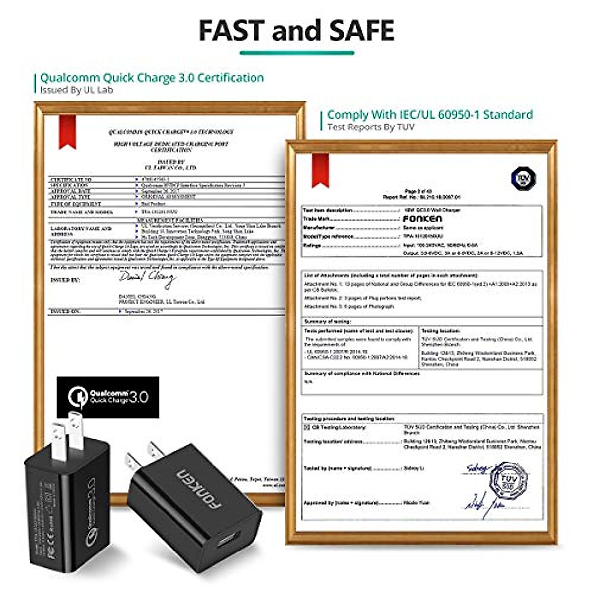 [3-Pack] Quick Charge 3.0, FONKEN 18W 3A USB Wall Charger QC 2.0/3.0 Adapter Fast Charger Block Compatible for Wireless Charger, iPhone iPad, Samsung S10/S9/S8/Note 9/8, LG G5, HTC 10 (Black)