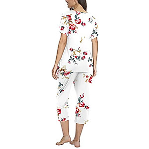 POPYOUNG Women's Pajamas Sets, Summer Short Sleeves Tunic Top with Comfy Capri Pants, Lounge Sleepwear 2 piece Ladies Pjs Sets with Pockets XL, Floral White