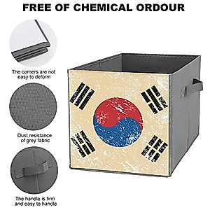 Retro South Korea Flag Storage Bins Cubes Foldable Fabric Organizers with Handles Clothes Bag Book Box Toys Basket for Shelves Closet 10.6"