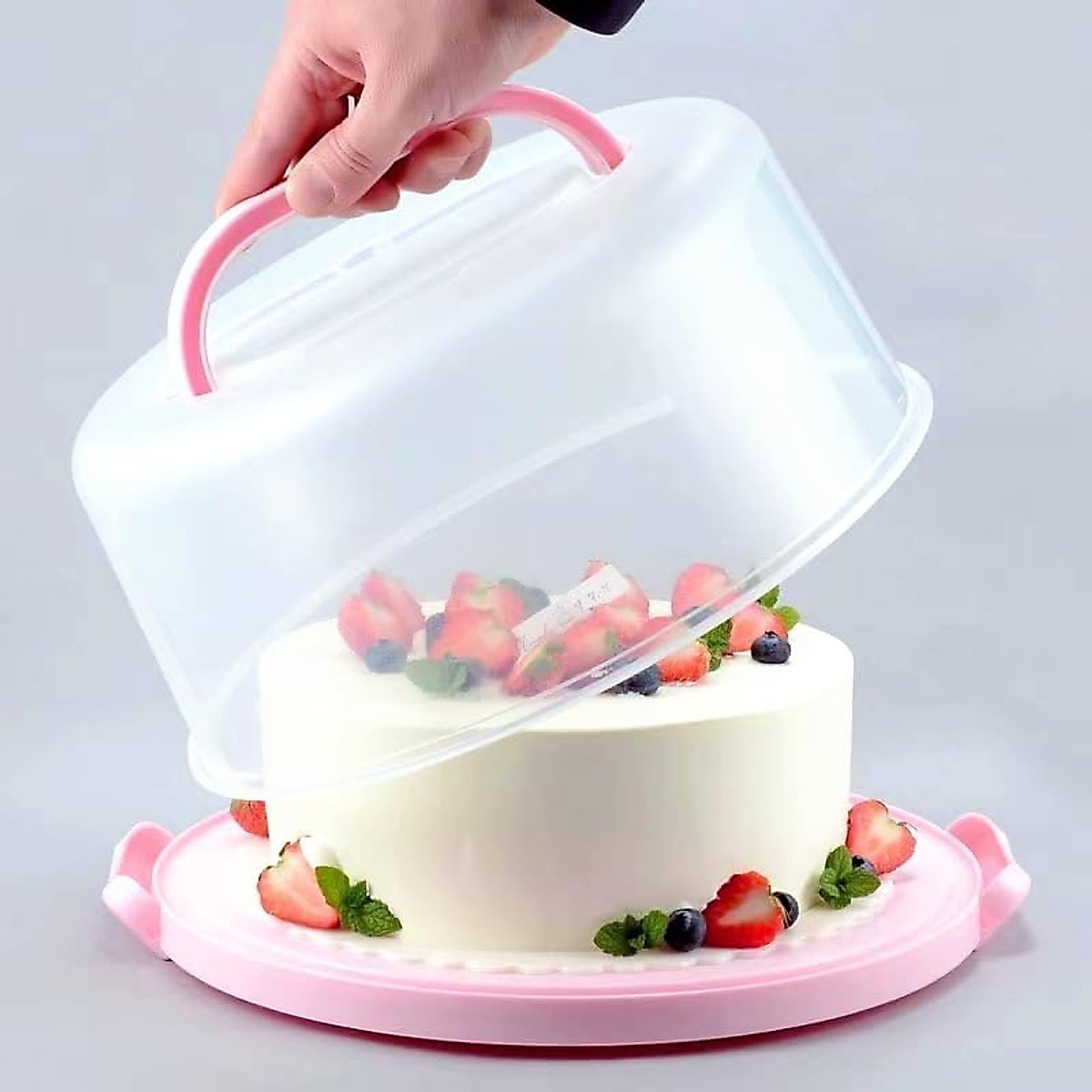 NVAZIOP 10 Inch Cake Carrier Stand Round Holder Storage with Lid and Handle for Transport Storage Container Tray Cake Cover Stand Cupcake Containers Keeper Kitchen Cooking Box Large (Pink)