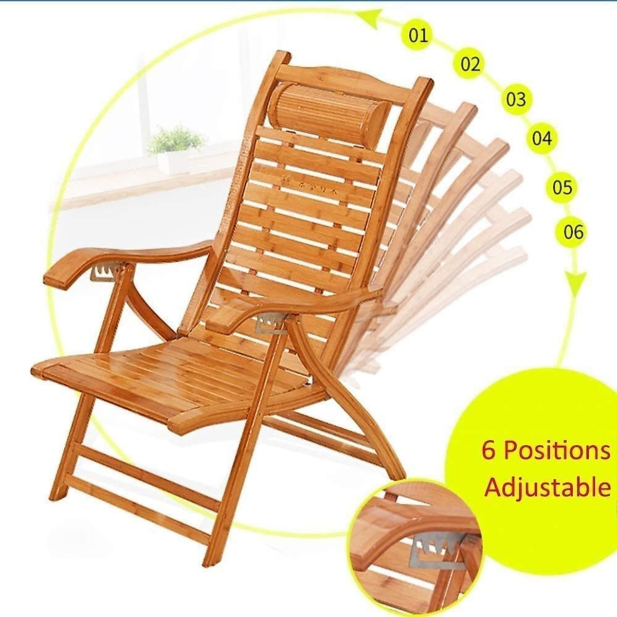 Sun Lounger Patio Reclining Chairs Loungers Camping Chairs Reclining Bamboo Bed Adjustable in 6 Positions Folding Deckchair with Ergonomic Curved Headrest Portable Deckchair for Balcony On The Patio,