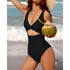 Charmo Womens One Piece Swimsuit Ruched Tummy Control High Cut Backless V Neck Bathing Suits Swimwear Black Large