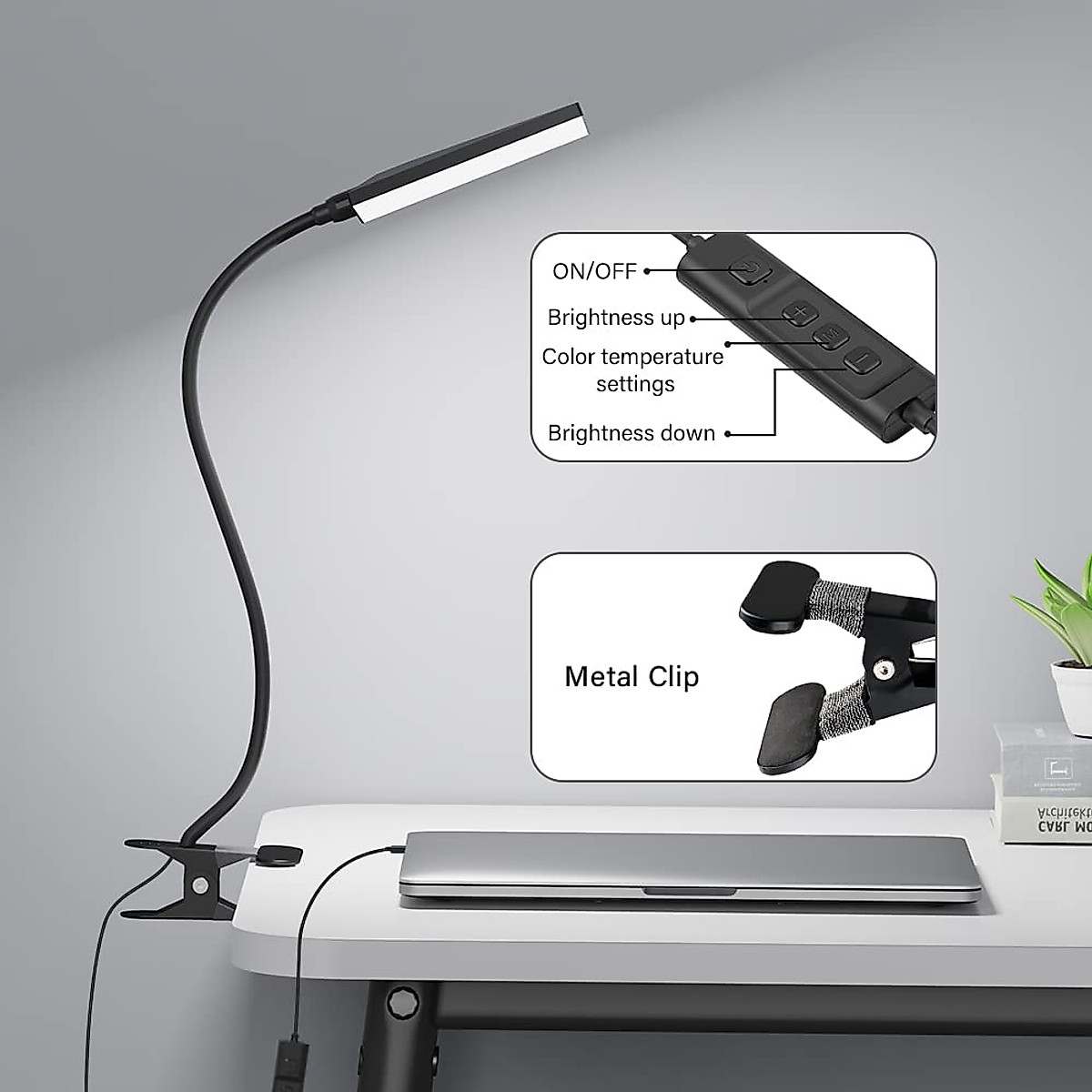 MONGERY LED Desk Lamp, Eye-Caring Table Lamps with USB Charging Port,7 Brightness Levels & 5 Color Modes,Touch Control and Memory Function,7W Flexible Gooseneck Reading Lamp for Home Office, White