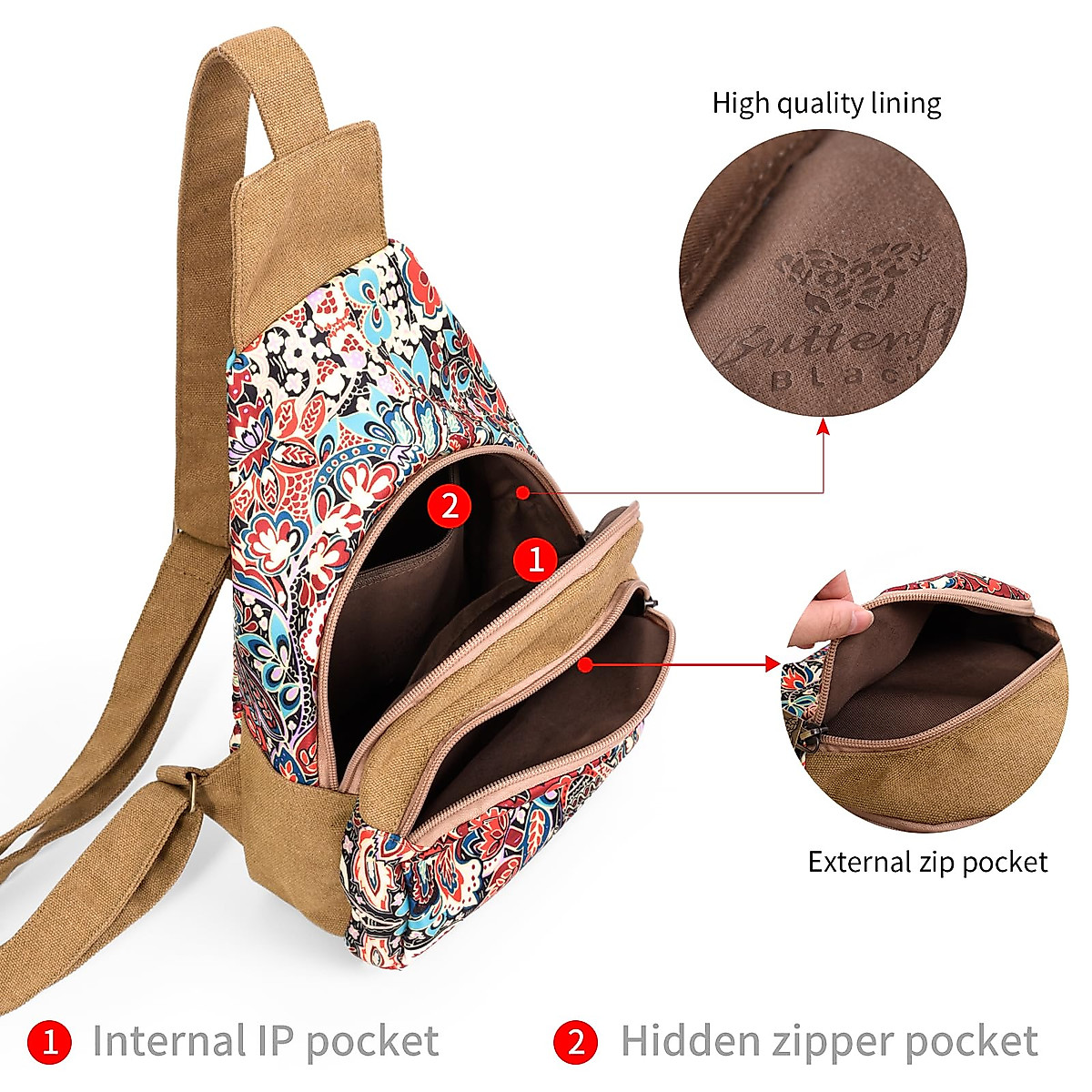 Black Butterfly Premium Canvas Chest Bag, Crossbody Shoulder Bag, Chest Pack for Fashion and Small (Red)