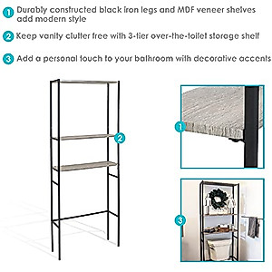 Sunnydaze 3-Tier Over-The-Toilet Storage Shelf - Industrial Style with Freestanding Open Shelves with Veneer Finish and Black Iron Frame - Etagere Bathroom Space-Saver Organizer - 71-Inch - Oak Gray