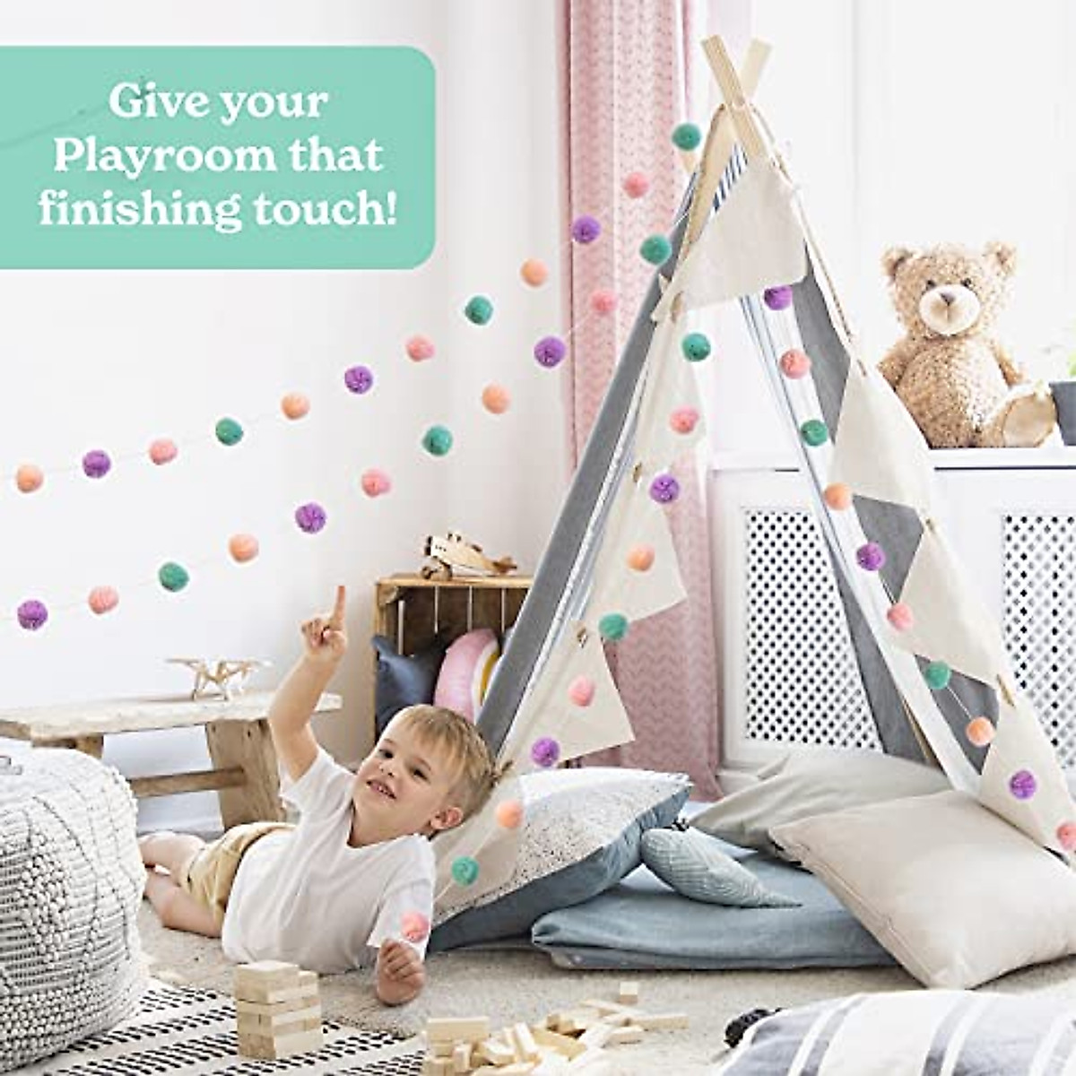 Easter Pom Pom Garlands (2 x 120 Inches - 40 Balls Each, 25mm Diameter) Colorful Pom Ball Decoration Strings with Pastel Rainbow Effect (4