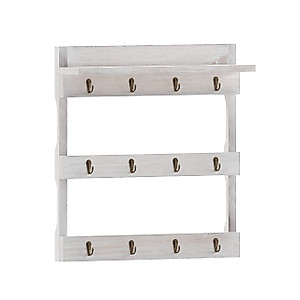 Merrick Lane Steeley Wooden Wall Mount 12 Cup Mug Rack Organizer with Upper Storage Shelf and Metal Hanging Hooks with No Assembly Required, Whitewashed
