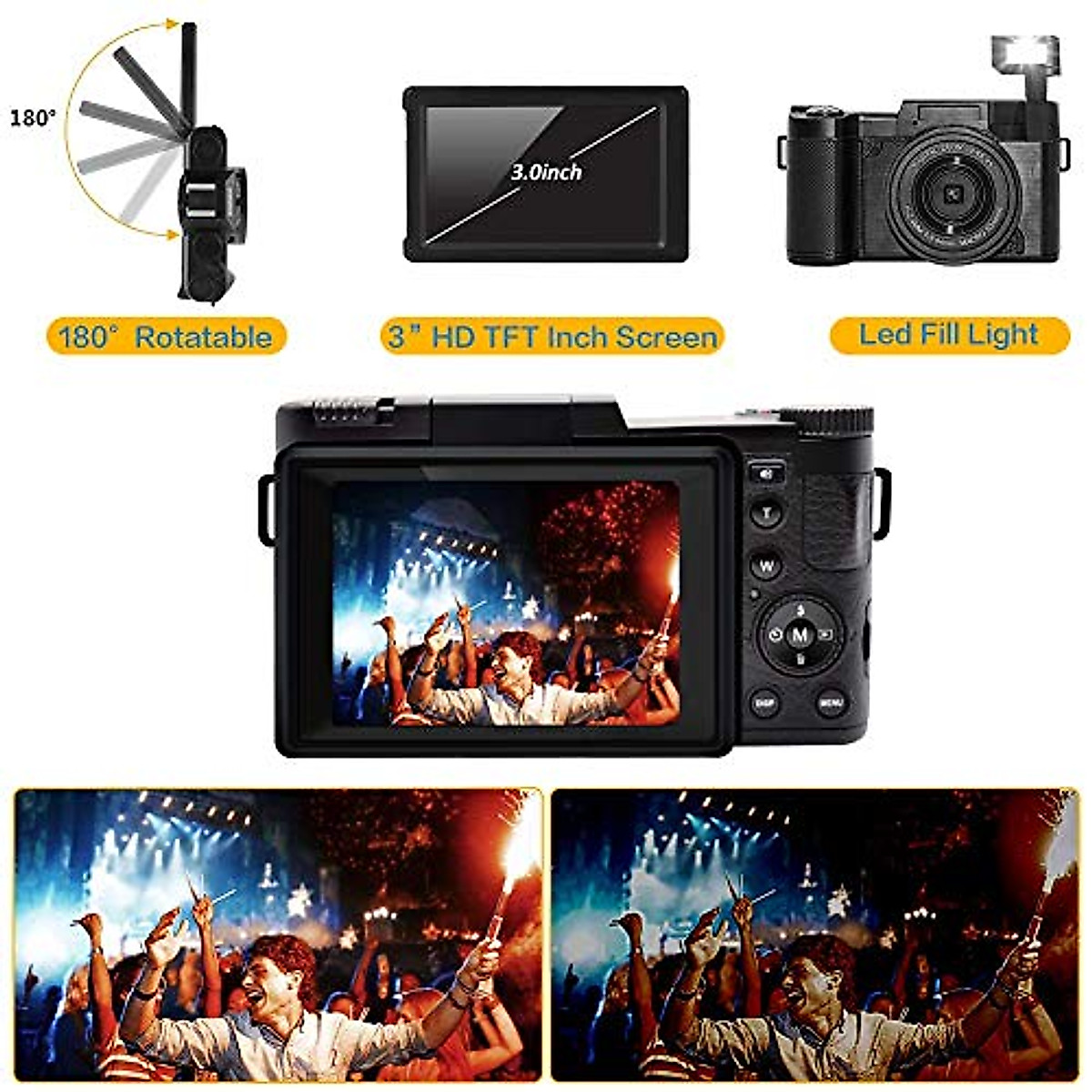 CEDITA 2.7K Digital Camera Vlogging Camera 30MP Full HD Digital Camera with Retractable Flash Light Camera 3 Inch Flip Screen Vlogging Camera for YouTube with Two Batteries, Black