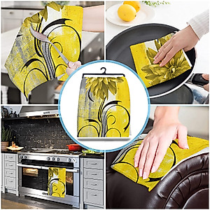 Chic Decor Home Kitchen Towels Yellow Dahlia Flowers Tea Towel Microfiber Absorbent Washable Floral Abstract Gray White Hand Dish Cleaning Cloth for Kitchen Bathroom, 18 x 28 Inch, Dahlia4050, 2-PACK