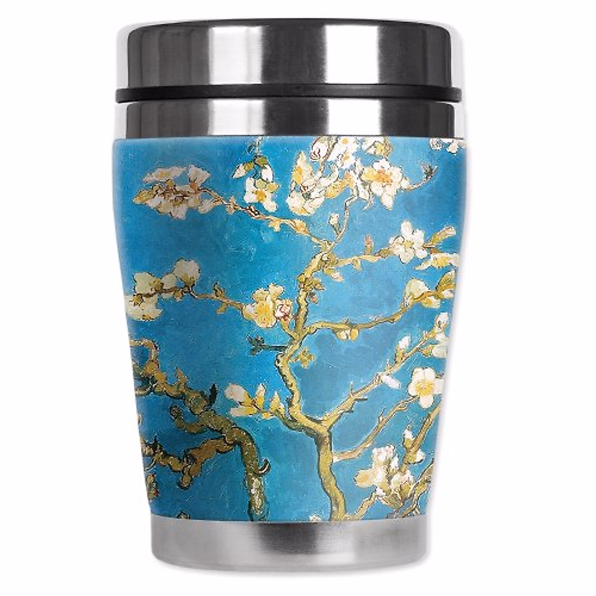 Mugzie Van Gogh Almond Blossoms"Mini" Travel Mug with Insulated Wetsuit Cover, 12 oz, Black