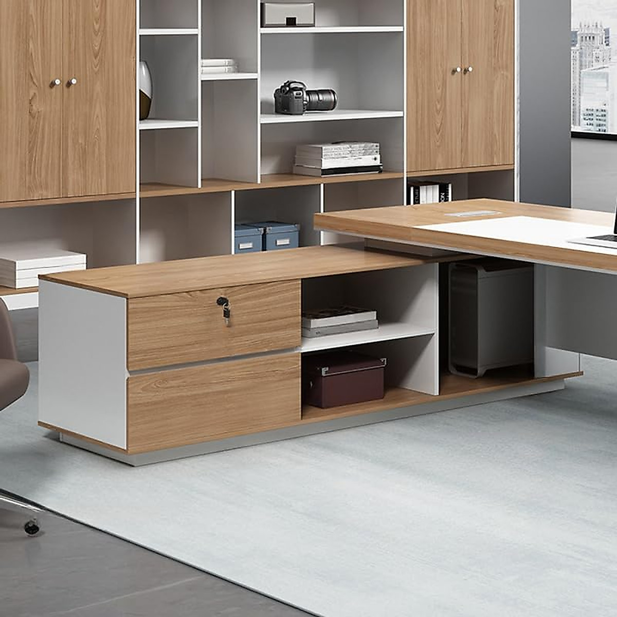 LITFAD L-Shaped Office Computer Desk with Secure Drawer, CPU Cabinet and Cord Management Modern Wood Executive Desk Writing Desk Boss Table Office Furniture, Without Chairs, 71" L x 63" W x 30" H