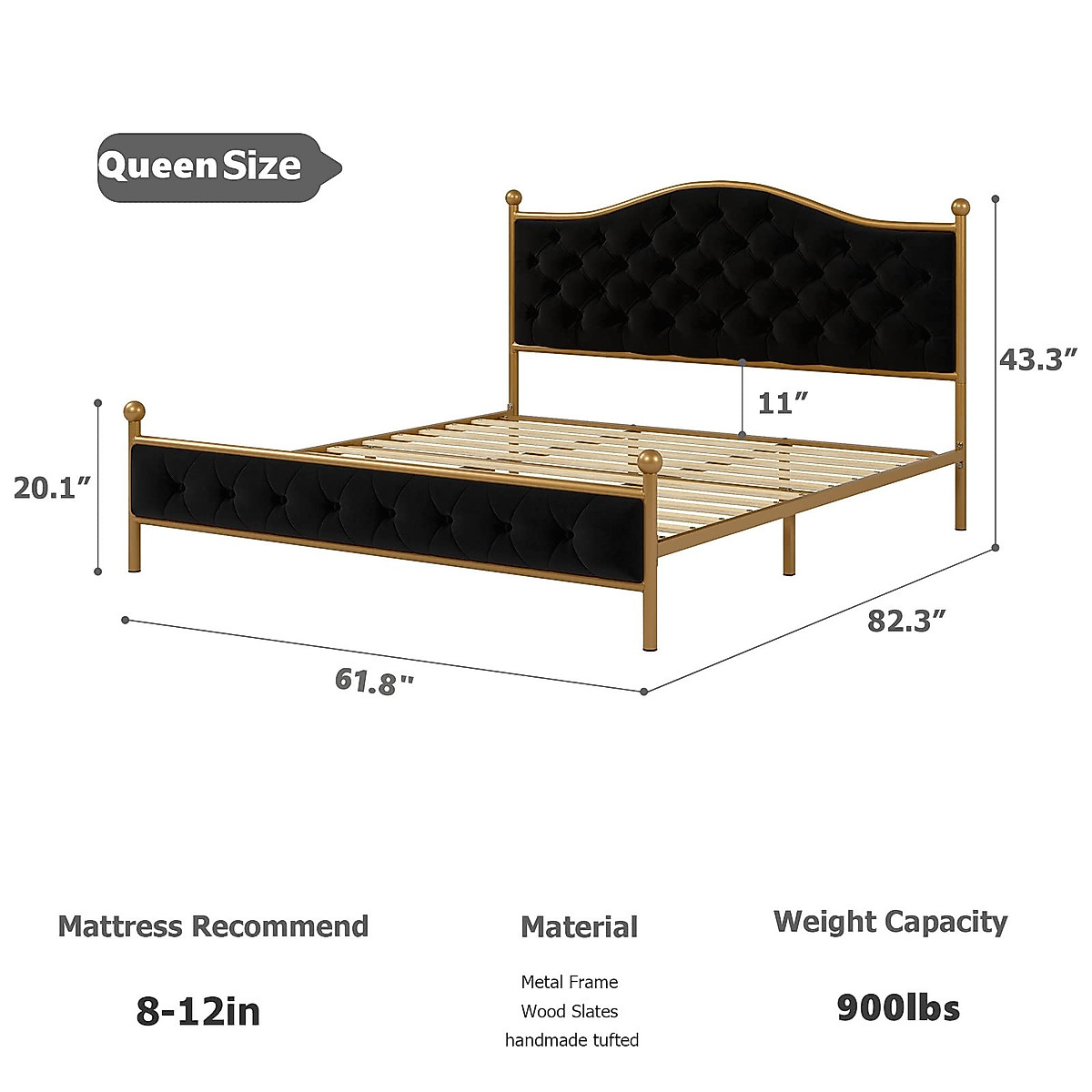 HIFIT Luxury Queen Size Platform Bed Frame with Elegant Button Tufted Curved Headboard, Velvet Upholstered Bed Frame with No Noise, Heavy Duty Metal Frame Foundation, No Box Spring Needed, Gold-Black
