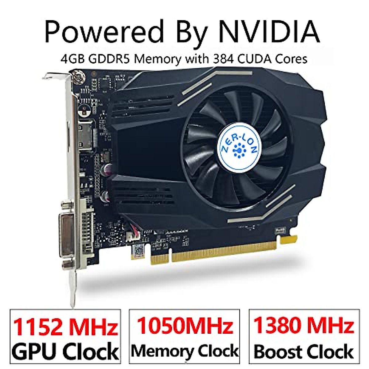 ZER-LON GeForce GT 1030 Graphics Card, 4GB 64Bit GDDR4, PCIe 3.0 x4, HDMI/DVI-D, DirectX 12, GPU Boost 3.0, Computer Gaming Video Card, Desktop GPU, Support 4K