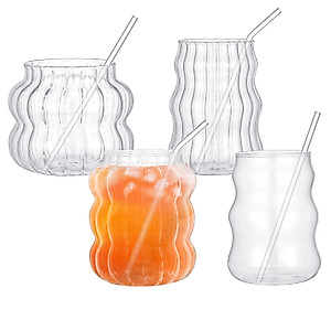 Ziliny 4 Pcs Creative Glassware Set Wave Shape Drinking Glasses with Glass Straw Aesthetic Cups Vintage Ribbed Glass Cups Cute Drinking Glasses for Tea Beer Water Cocktail Coffee Beverage Kitchen
