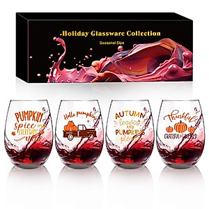 CNVOILA Fall Wine Glass Set: Stemless Drinking Glasses & Cups for Thanksgiving, Autumm Halloween Decor & Decorations, Pumpkin Mugs Cuos Perfect Fall Gifts 4pc