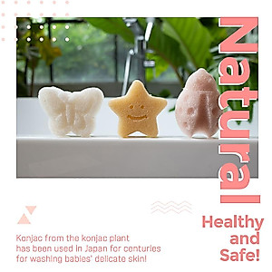 myHomeBody Konjac Baby Sponge for Bathing, Cute Shapes Natural Kids Bath Sponges for Infants, Toddler Bath Time, Natural and Safe Plant-Based Toys, 3pc. Set: Butterfly, Ladybug, Star