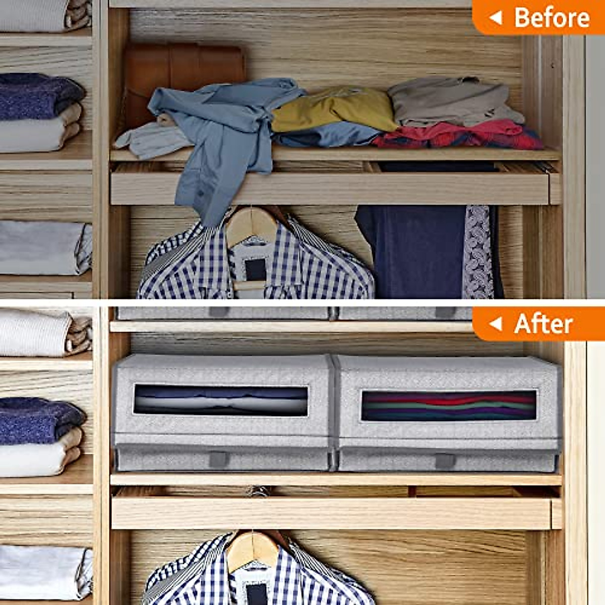 Utureal Fabric Storage Container with Clear Window and Hinged Lid, Collapsible Storage Bin Organizer for Dress, Shirt, Shoes, Boots, Clothe Toys Box for Shelf Closet, Lid Can Open after Stack up| Grey