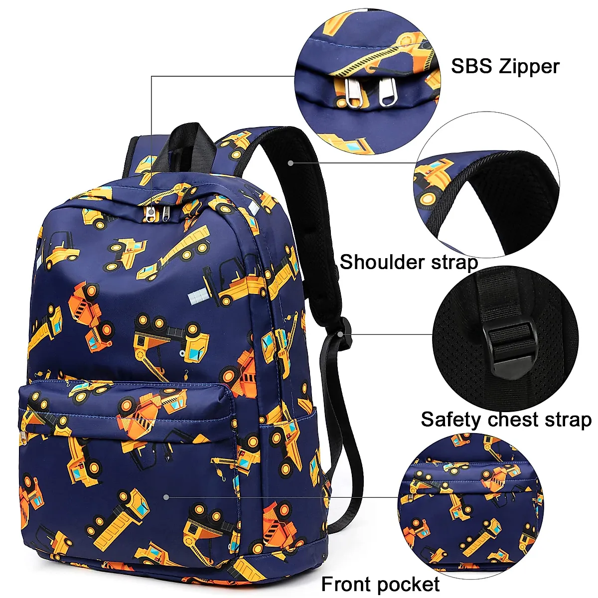 Bluboon Preschool Backpack Kids Boy Kindergarten Backpack With Lunch Box School Book Bags for Elementary Primary Schooler (Navy-vehicle)