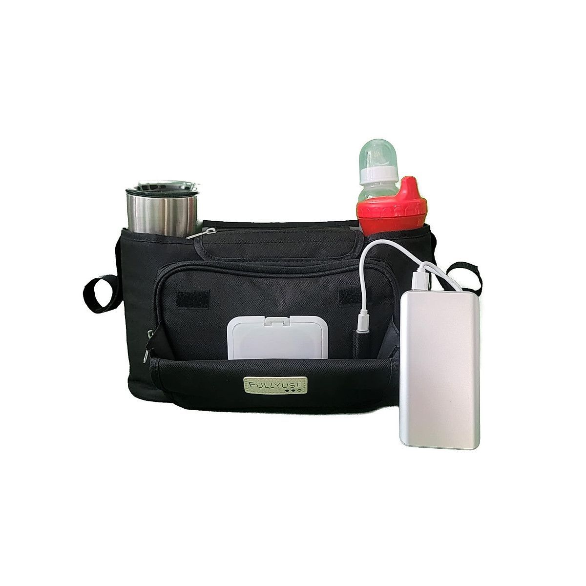 Fullyuse 2 in 1 Stroller Organizer with Wipes Warmer, 2 insulated cup holder, adjustable Non-slip strap, Trash pocket, Magnetic seals, Large capacity for baby essential, durable Waterproof Material