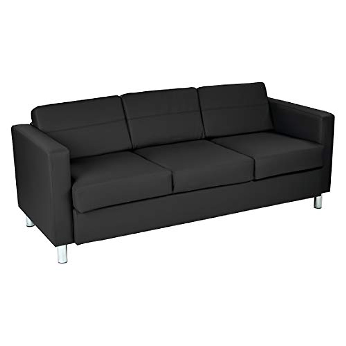 Office Star Pacific Sofa with Padded Box Spring Seats and Silver Finish Legs, Dillon Black Faux Leather