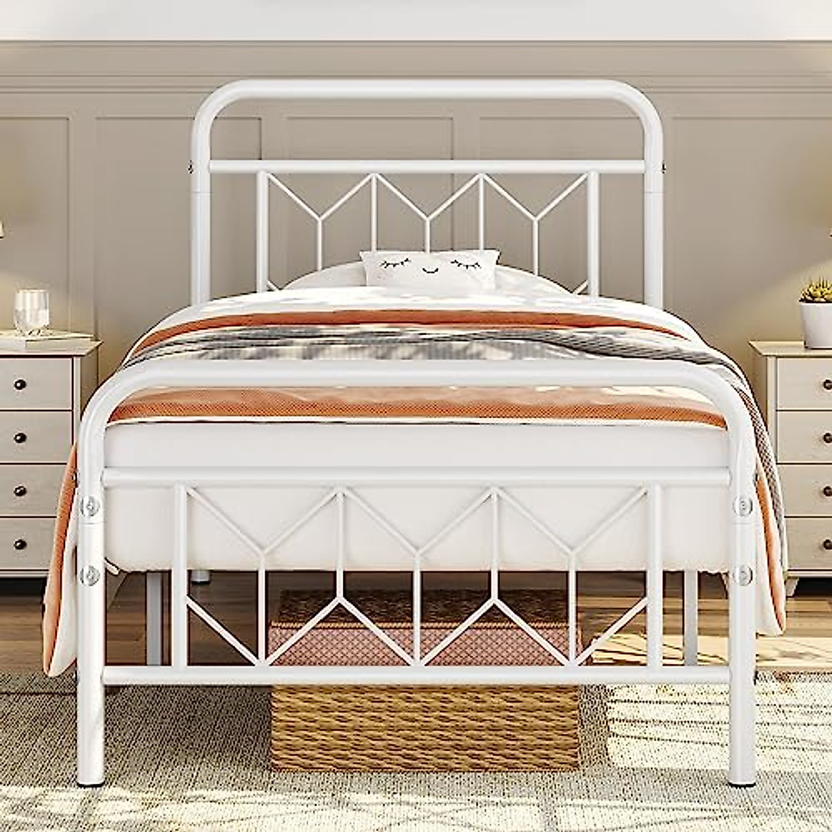 Yaheetech Metal Platform Bed Frame Mattress Foundation with Diamond Pattern Headboard/Footboard/Heavy Duty Steel Slat Support/Under Bed Storage/No Box Spring Needed/Twin Size White
