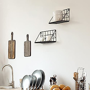 TIMEYARD Floating Shelves Wall Mounted, Set of 2 Black Wire Metal Wood Shelves, Modern Arrow Design Storage Shelf for Photo Frames, Small Plants, Bedroom, Dorm, Living Room, Bathroom, Kitchen, Small