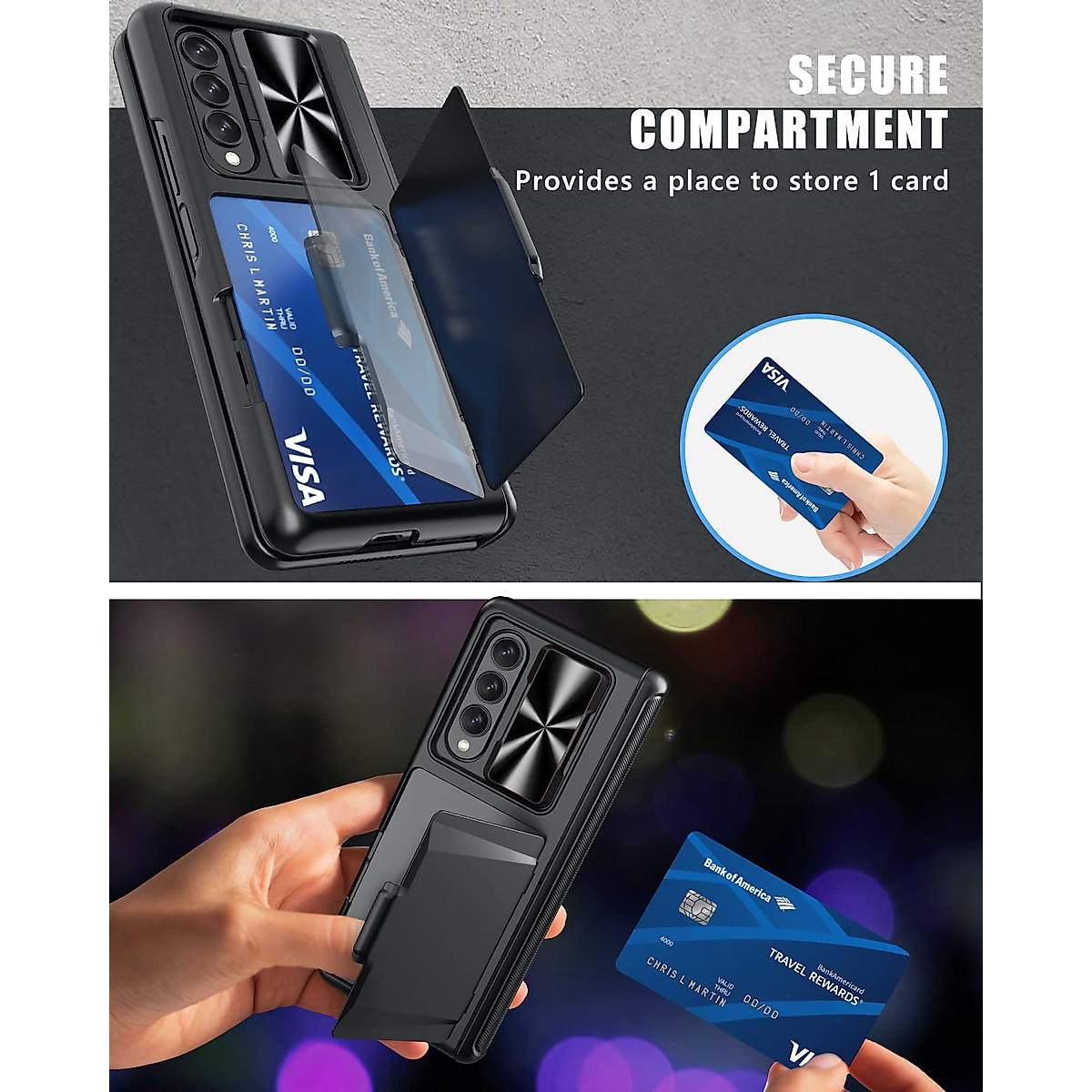 Vihibii for Samsung Galaxy Z Fold 4 5G Case with Card Holder & Sliding Camera Lens Cover, Built-in Hinge Protaction & Screen Protector & Kickstand, Case for Samsung Galaxy Z Fold 4 5G 2022 (Black)