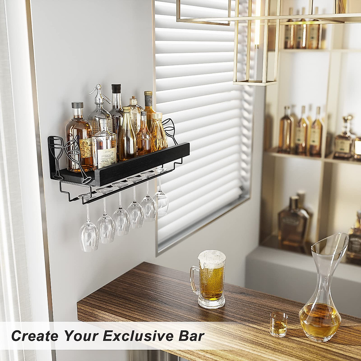 Love-KANKEI Wine Rack with Stemware Hanger, 17inch Wine Glass Rack, Floating Shelf Wall Mounted, Wood Wall Shelf for Kitchen, Dinning Room, Home Bar, Living Room etc, Pitch Black