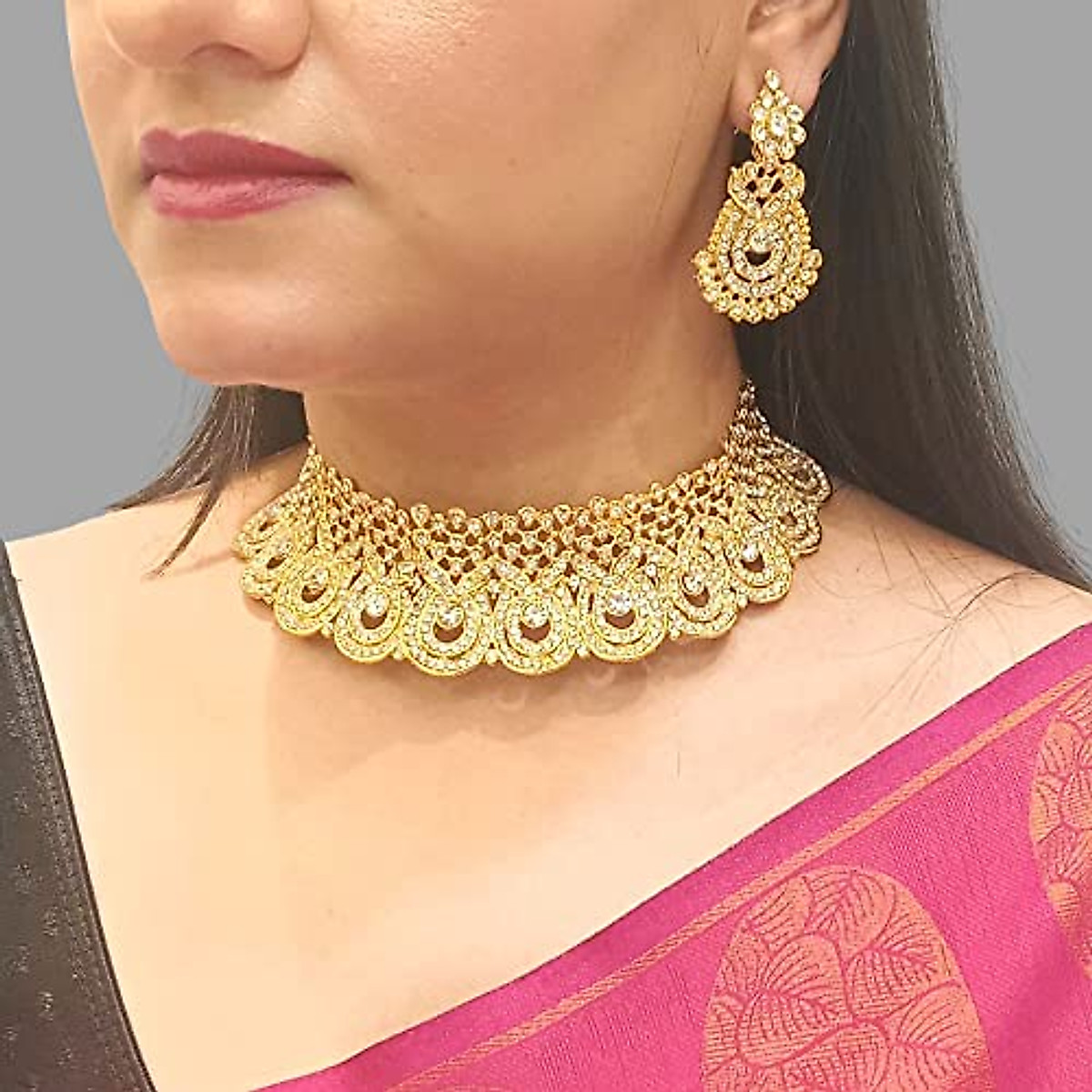 Efulgenz Crystal Rhinestone Choker Necklace Earrings Maang Tikka Head Chain Wedding Indian Jewelry Set for Women gold