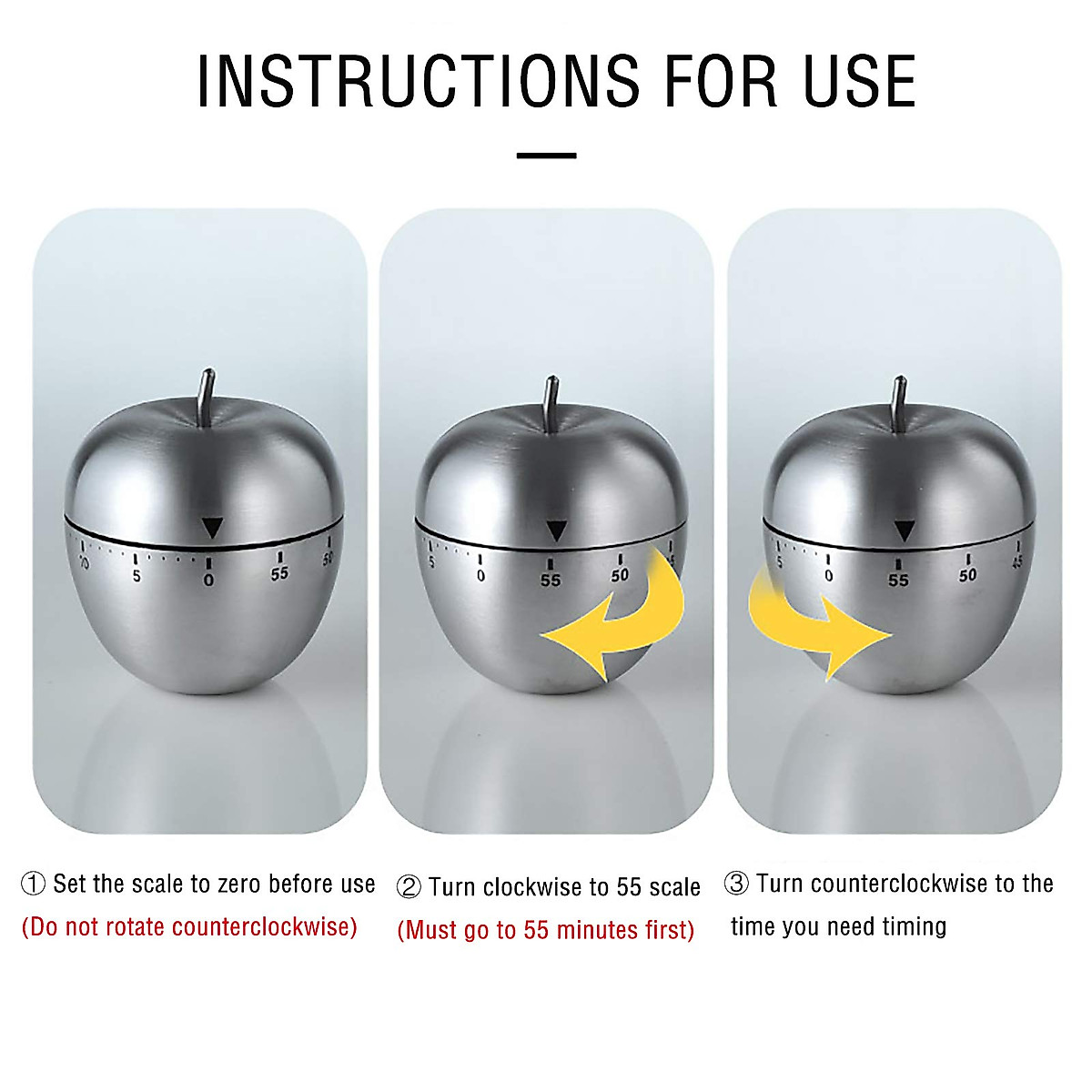 UD Apple Kitchen Timer Cute Manual, Stainless Steel Metal Mechanical Visual Countdown Cooking Timer with Loud Alarm for Kitchen Cooking Baking Sports Kids (Apple), A003