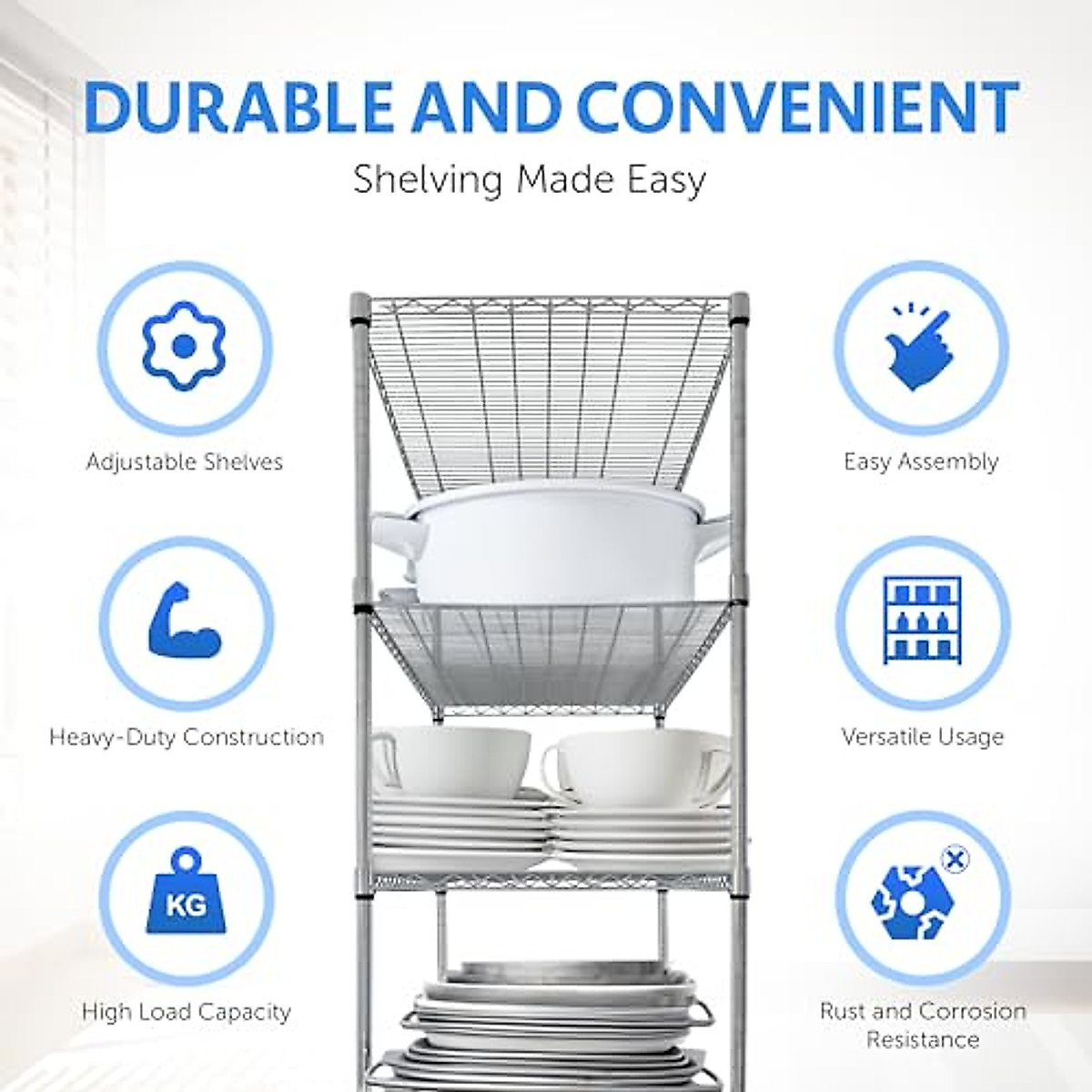 Crescent, Chrome, 48 x 18 x 76, 4000 LBS, Metal Shelves for Storage with Wheels, Ideal for Garage Shelving, 5 Tier Wire Shelving Rack for Kitchen Storage, Heavy Duty Shelving for Home Storage