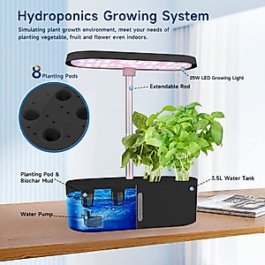 Hydroponics Growing System,8 Pods Herb Garden with 64 LEDs Full-Spectrum Plant Grow Light, Hydroponic Herb Garden with 3.5L Water Tank, 17.78'' Height Adjustable Gardening System, Black