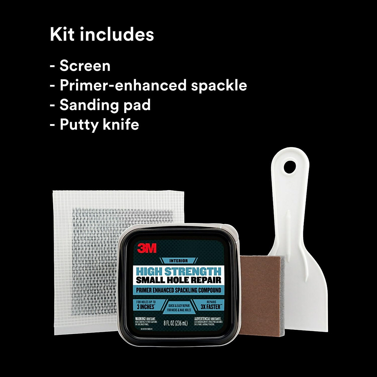 3M High Strength Small Hole Repair Kit, Inlcudes Spackling Compound, Putty Knife, Sanding Sponge, and Self-Adhesive Patch, For Hole Repairs Up To 3" in Diameter, Easy Wall Repair (SHR-KIT)