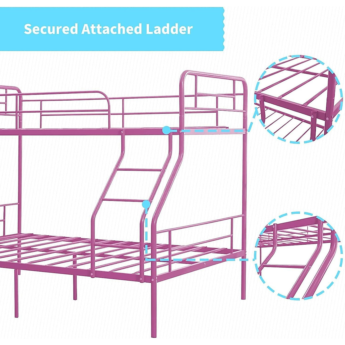 Bunk Bed Twin Over Full, Bunk Beds Twin Over Full with Metal Guardrail and Ladder, Space-Saving, Heavy Duty Queen Bunk Bed for Boys, Girls, Teens, Adult,No Box Spring Needed (Pink)