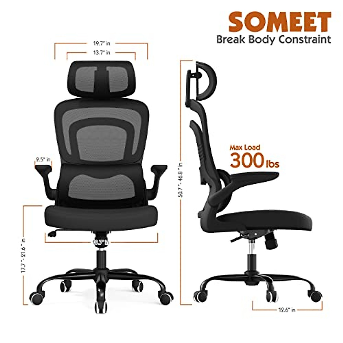 SOMEET Ergonomic Mesh Office Chair with Lumbar Support, High Back Office Chair with Flip-up Arms, Mesh Computer Gaming Chairs with Adjustable Headrest, Ergonomic Chair for Home Office Work, Black
