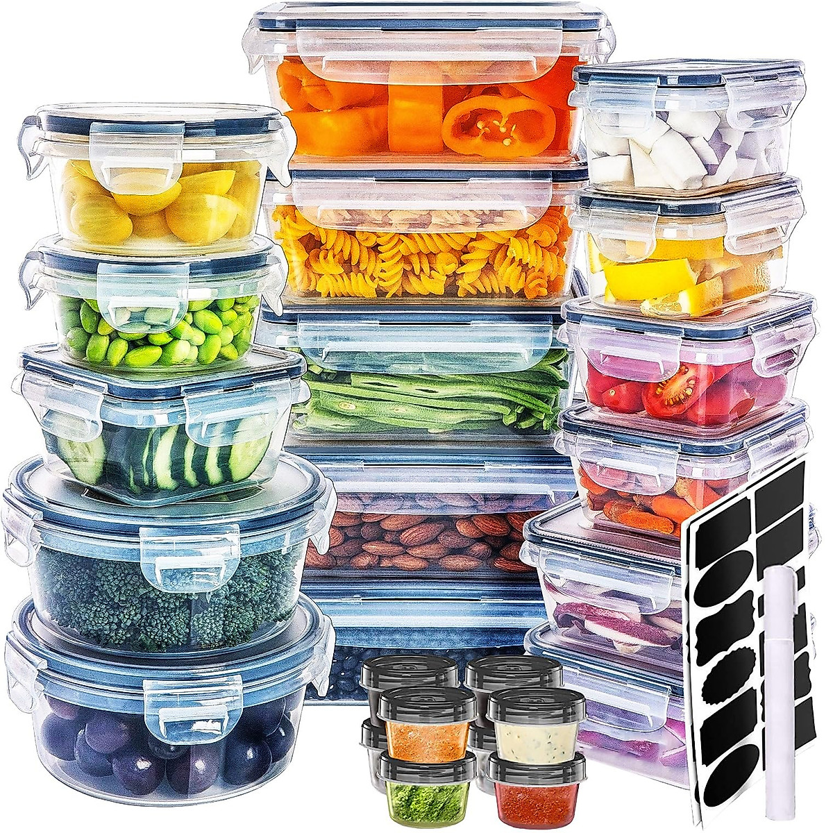 VeLve 48 PCS Food Storage Containers Set with Lids Airtight (24 Containers & 24 Lids), Leak-Proof, BPA Free, Kitchen Storage and Organization, Meal Prep, Reusable Lunch Containers, Transperent