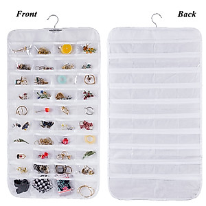 Bloss Hanging Jewelry Organizer, Double Sided 80 Pocket Jewelry Chain Storage Bag 2 Layer of Fabric Jewelry Organizer Holder for Necklace Bracelet Earring Ring Chain Knitting Tool-Black (White)