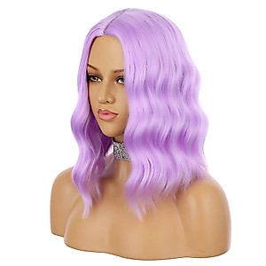 eNilecor Purple Wig, Short Colored Wigs Bob Wig for Women, Natural Wavy Colorful 14 Inch Middle Part Synthetic Wig for Cosplay Party Costume（lavender Purple）