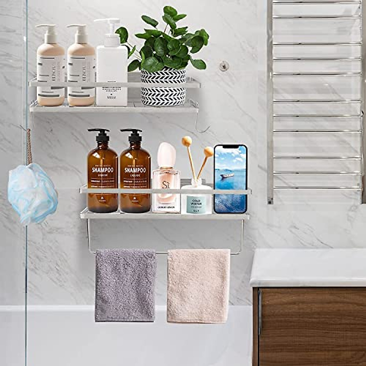 LKKL Shower Caddy Shelves - 5 in 1 Shower Shelf Bathroom Accessories - Bathroom Shelves Wall Mounted Shower Rack Organizer 2 Pack Basket Shelf, 2 Hooks, 1 Towel Holder(Brushed Nickel)